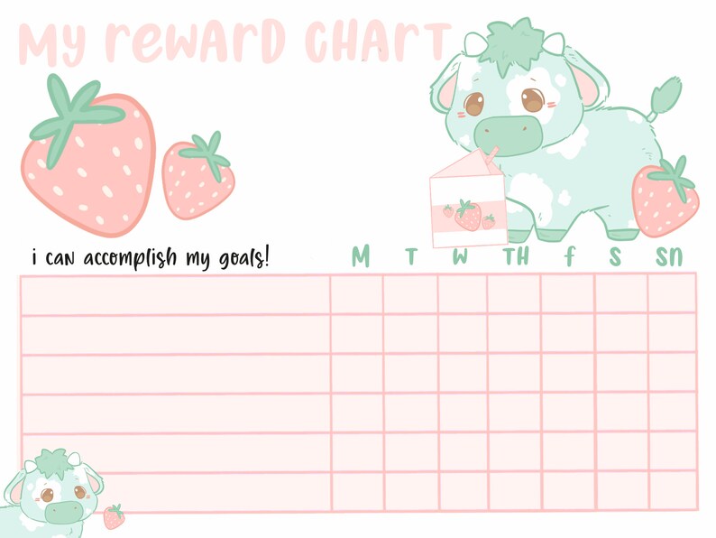 Pastel Kawaii Strawberry Cow Reward Chart for Kids, Printable Behavior ...