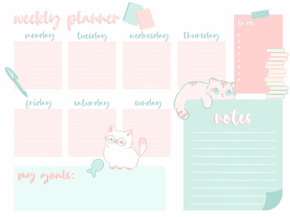 Cat Digital Weekly Planner Cat Theme Kawaii Stationary - Etsy