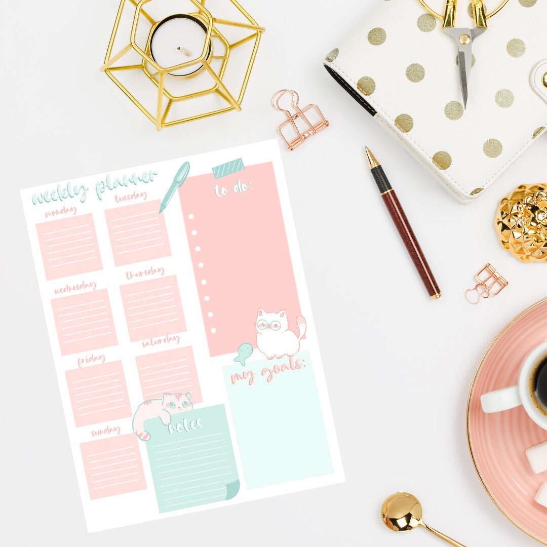 Cat Digital Weekly Planner, Cat Theme, Kawaii Stationary, Kawaii ...