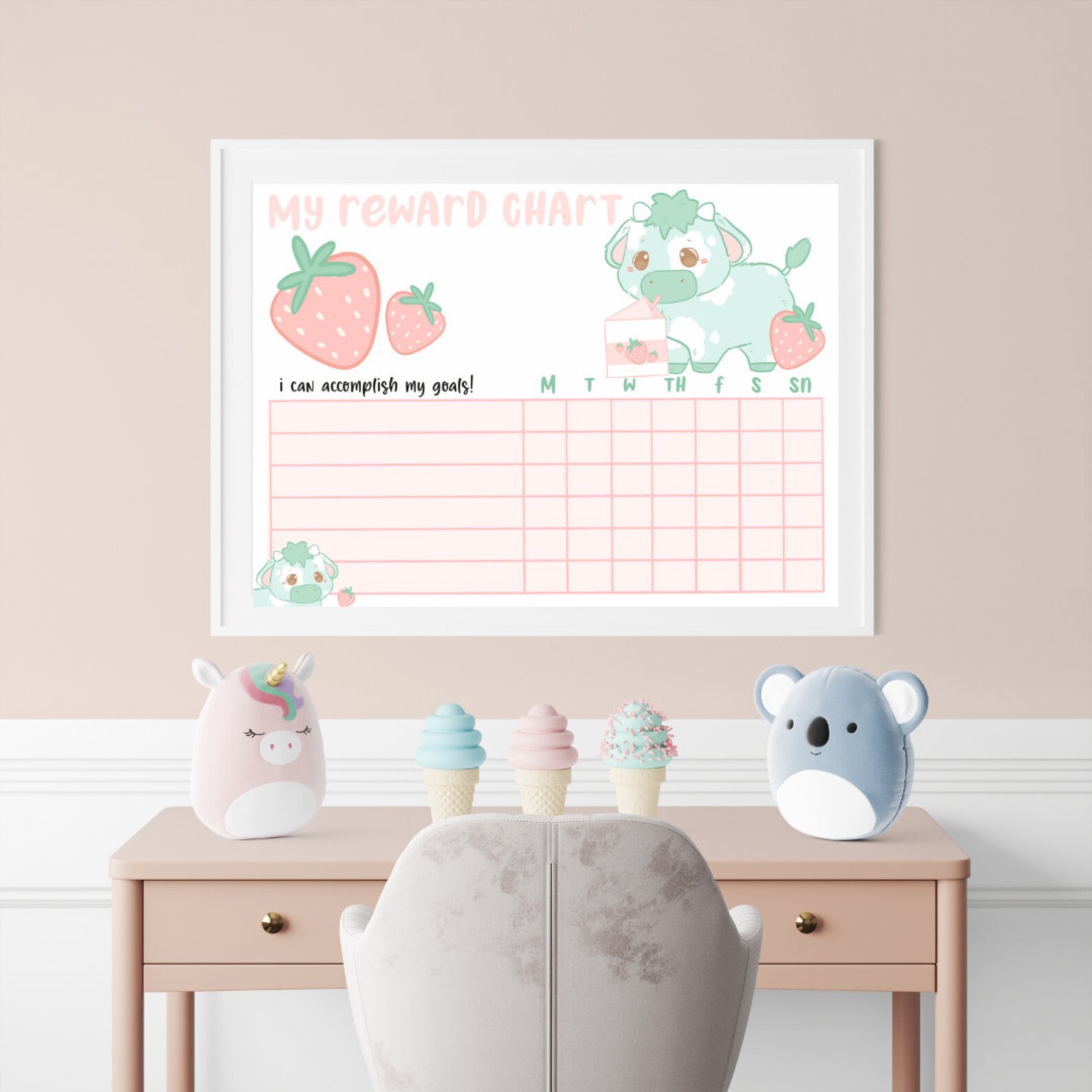 Pastel Kawaii Strawberry Cow Reward Chart for Kids, Printable Behavior ...
