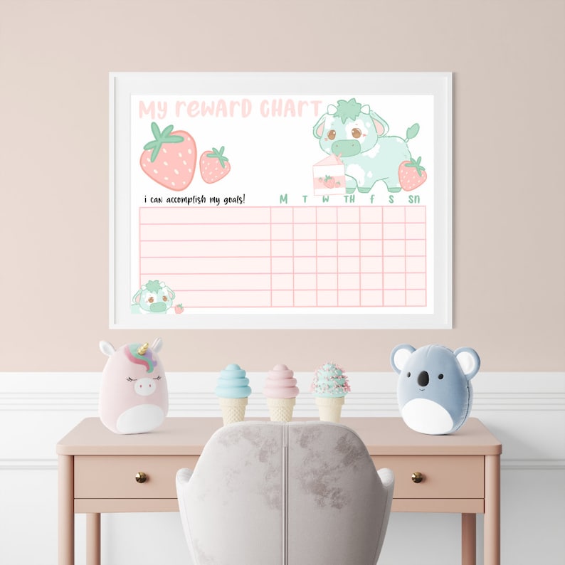 Pastel Kawaii Strawberry Cow Reward Chart for Kids, Printable Behavior ...