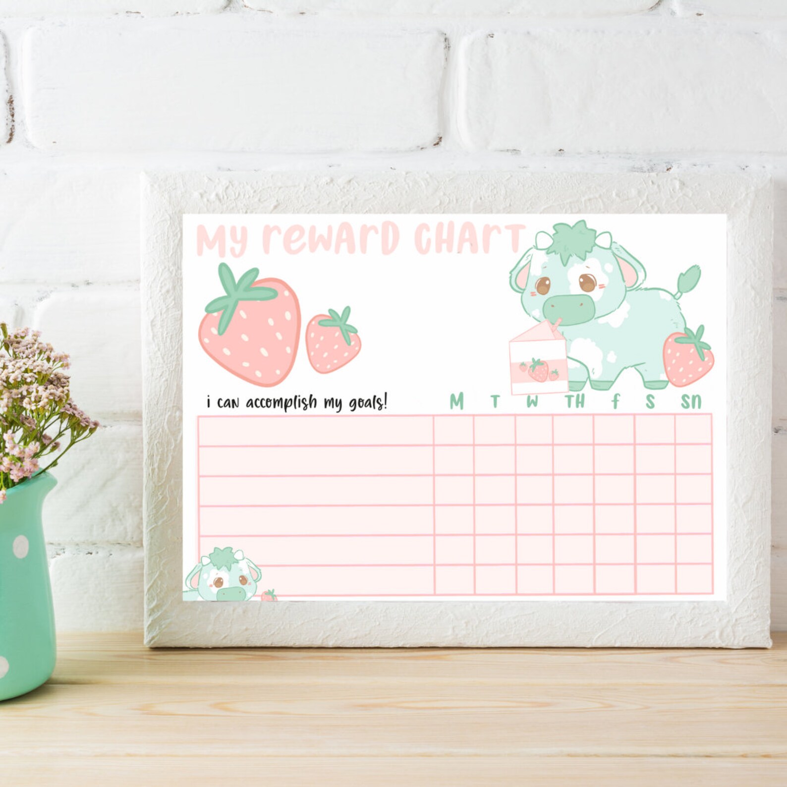Pastel Kawaii Strawberry Cow Reward Chart for Kids, Printable Behavior ...