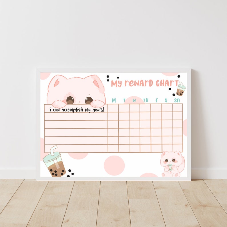 Kawaii Boba Kitty Pastel Kids Reward Chart, Bubble Tea Printable Kids ...