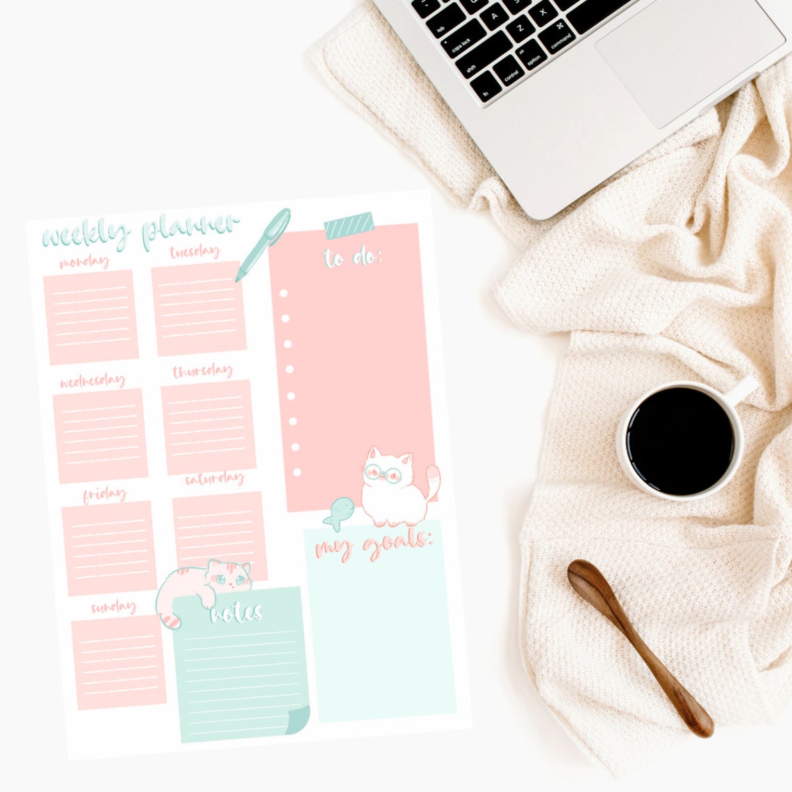 Cat Digital Weekly Planner, Cat Theme, Kawaii Stationary, Kawaii ...