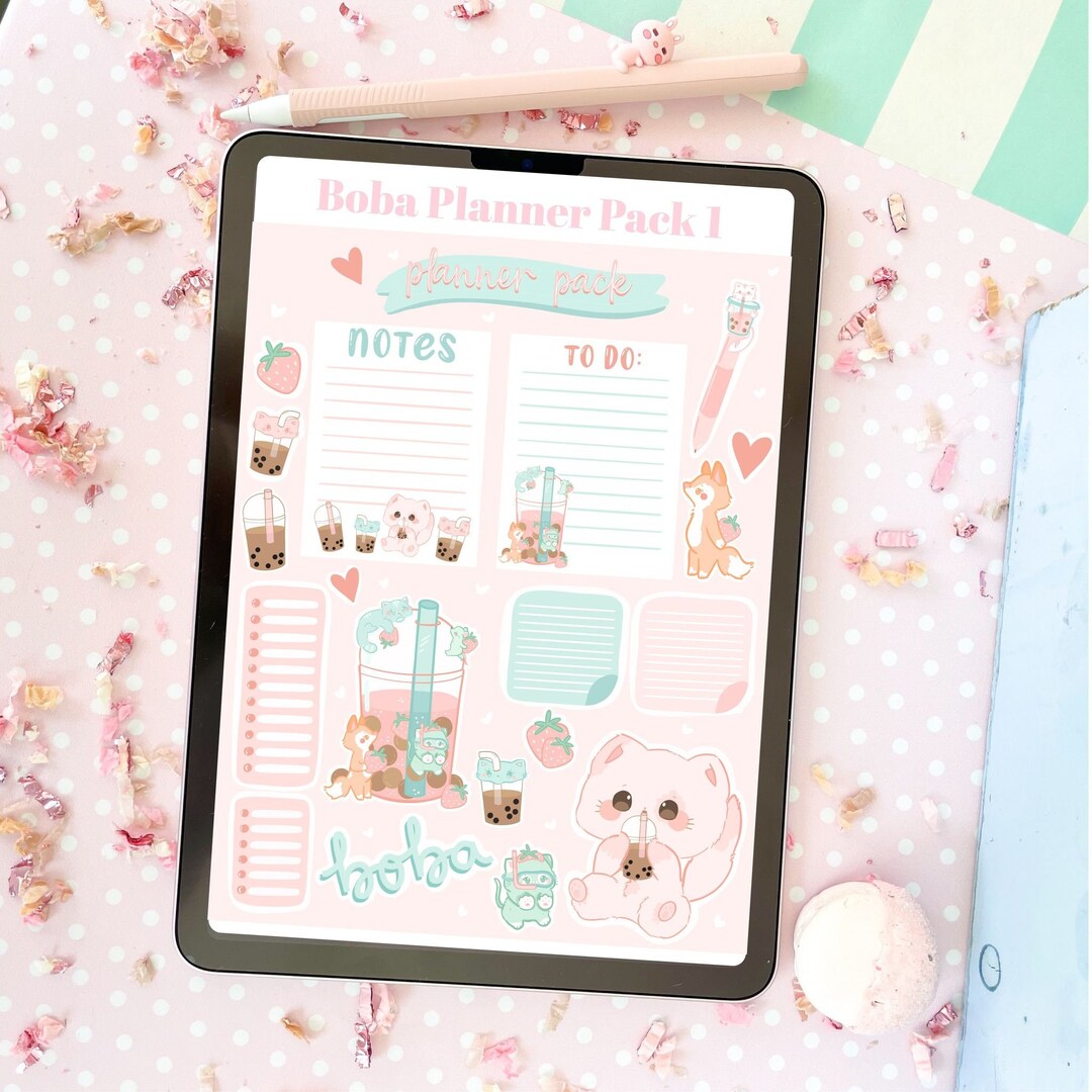 Boba Tea Cat Planner Pack Stickers | Pink Digital Planner Stickers ...