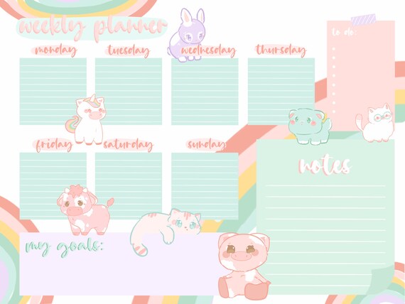 Digital Weekly Planner Animal and Rainbow Theme Kawaii - Etsy