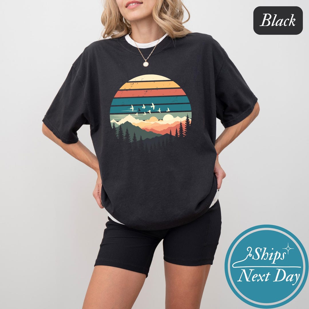 Forest Themed Shirt, Retro Pine Trees Sunset Shirt, Adventure Shirt ...