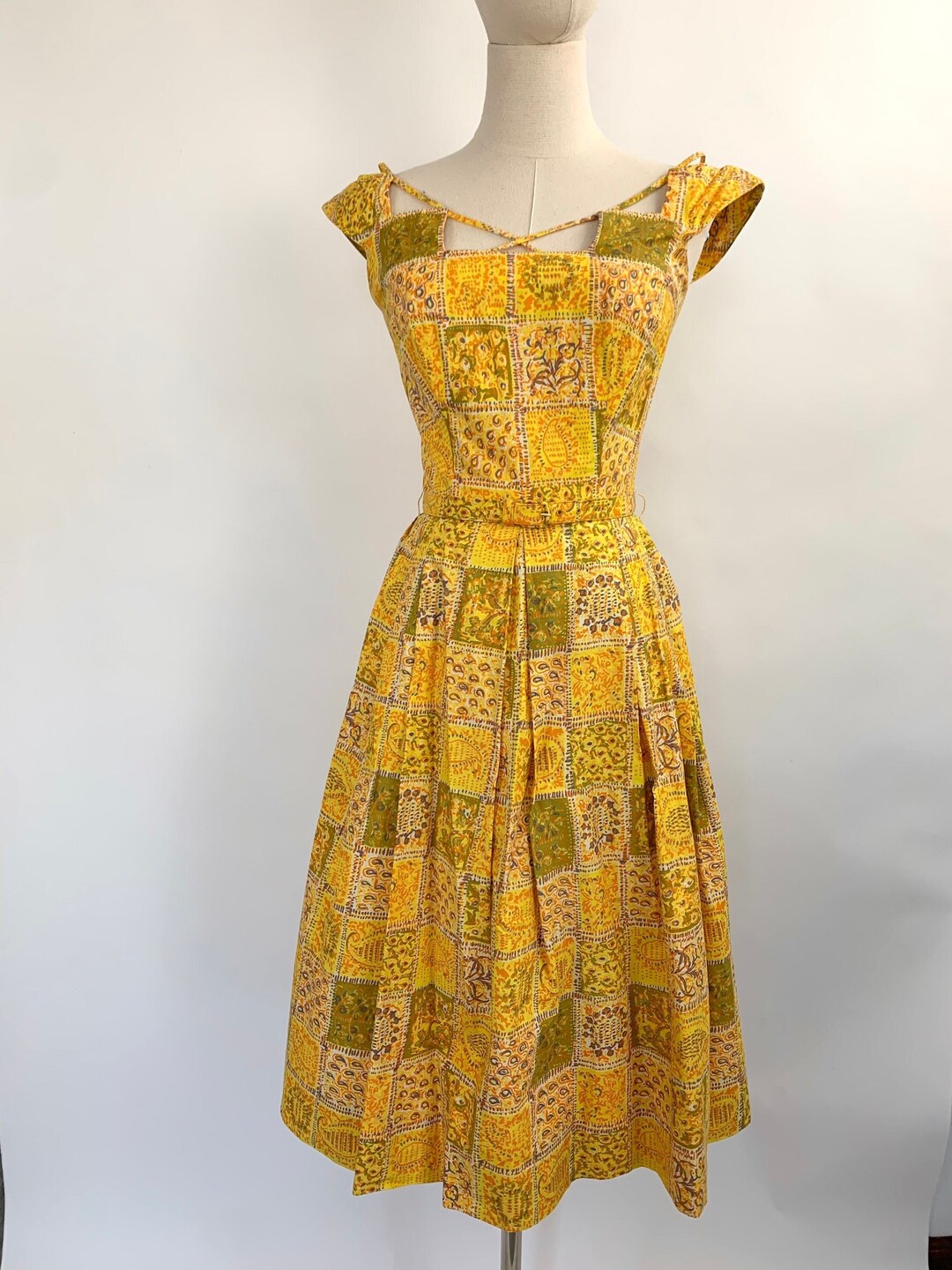 1950s Nat Kaplan Cotton Party Dress: Yellow Quilted Full Skirt, Cage ...