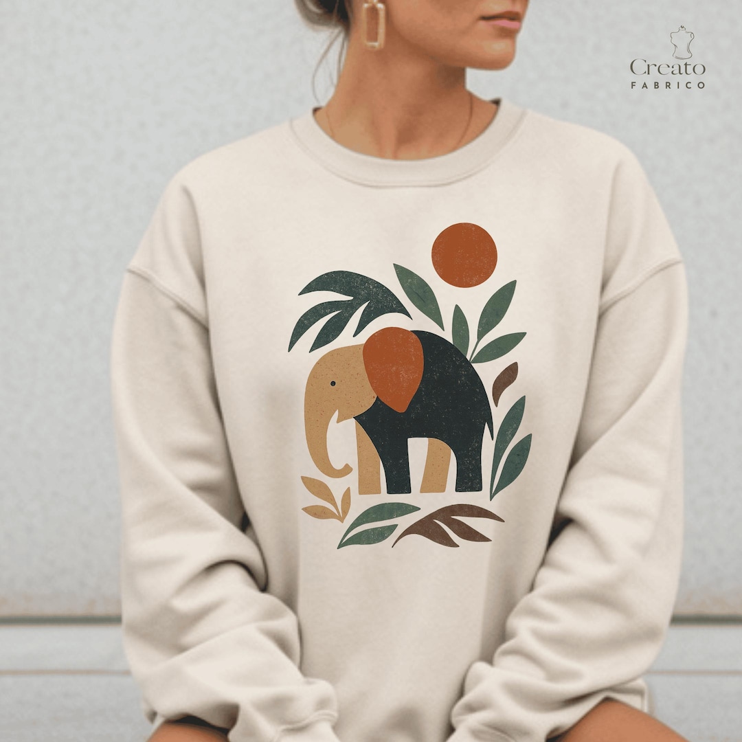 Elephant Sweatshirt, Animal Portrait Graphic Crewneck, Vintage Style ...