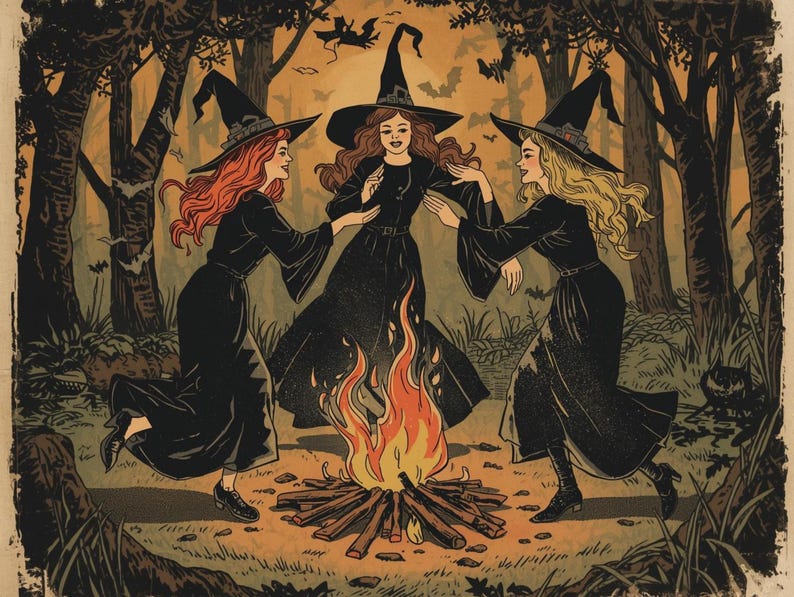 Three Witches Dancing Art Print: Retro Halloween Decor (digital ...