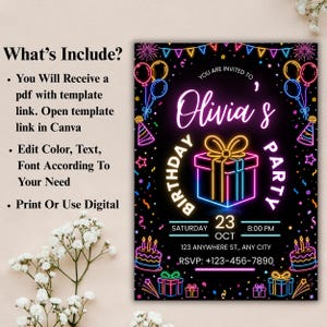 Neon Glow Birthday Invitation Editable Canva Template, Neon Party ...