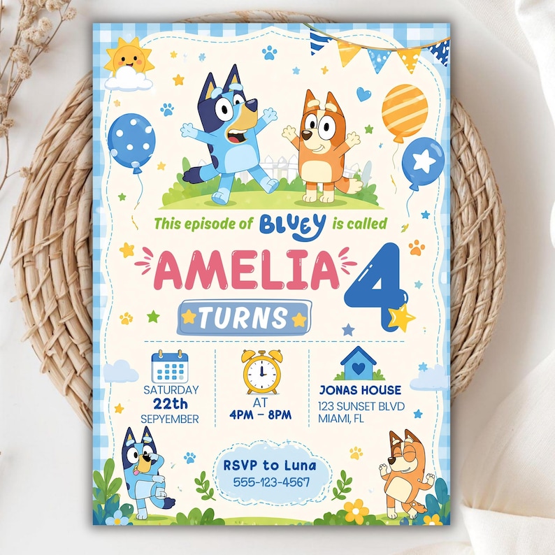 Editable Blue Birthday Invitation Template, Cute Blue Dog Party Invite ...