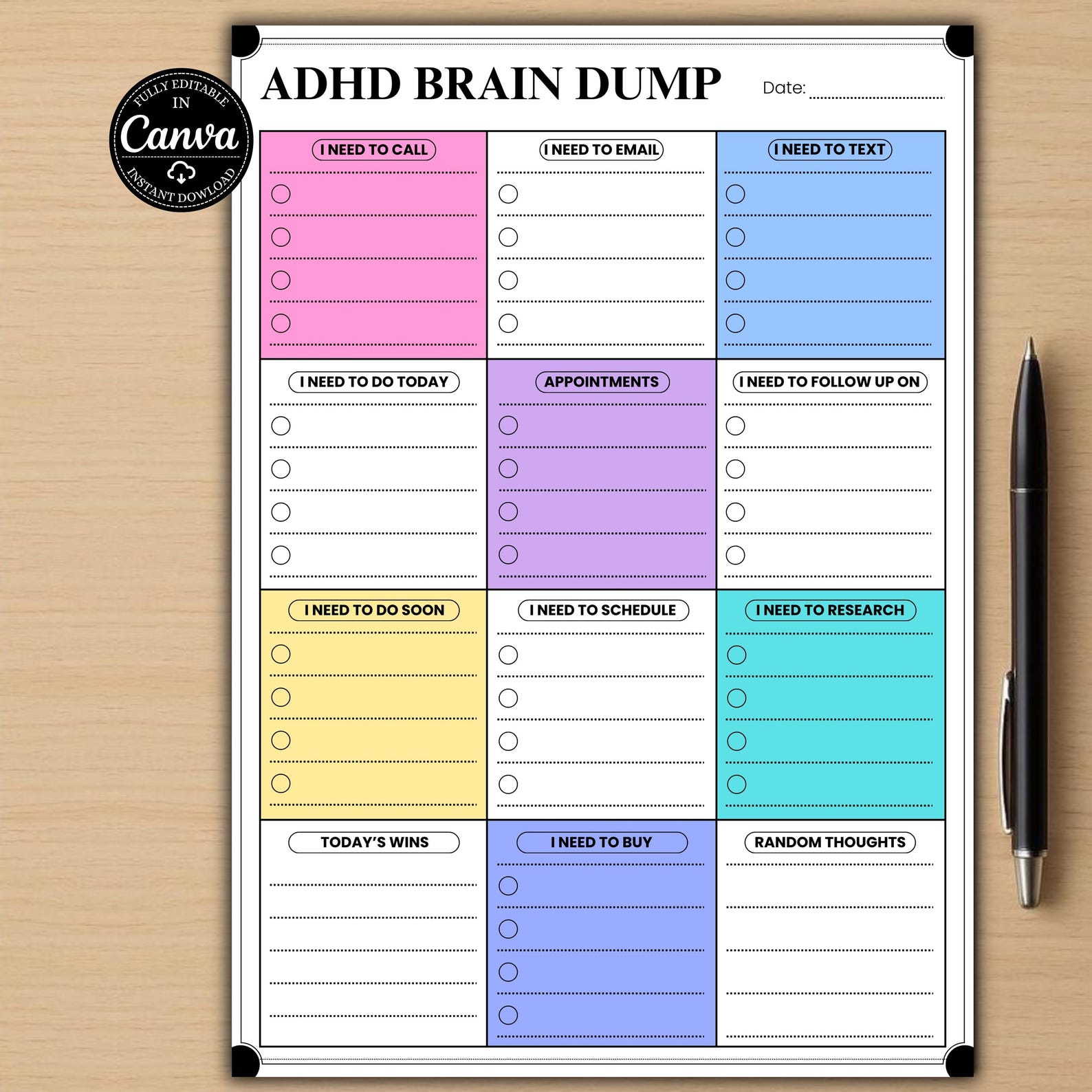 Editable ADHD Brain Dump Planner - Printable Daily Task Tracker & to Do ...
