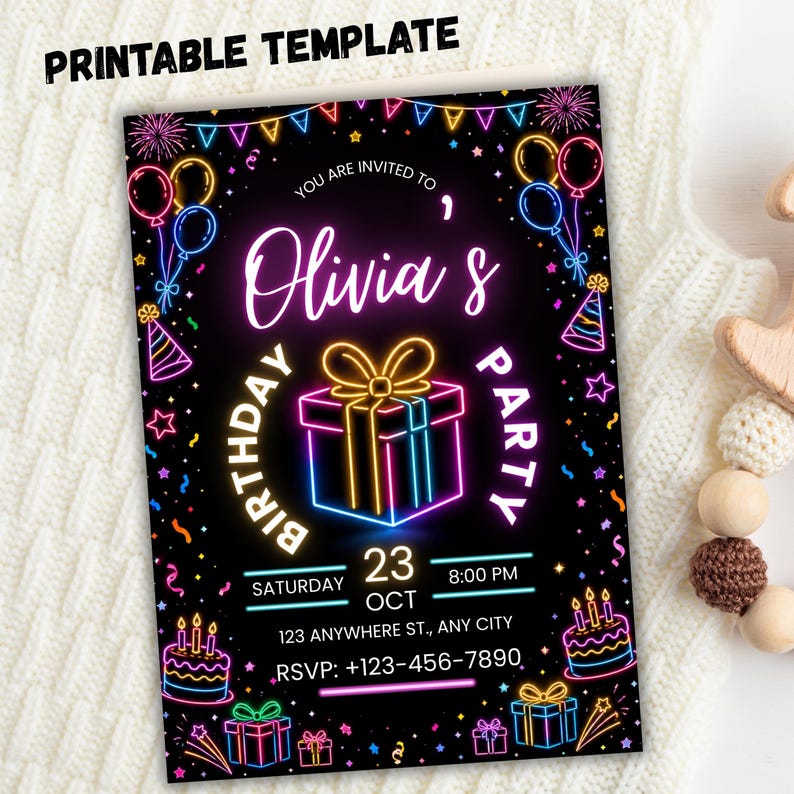 Neon Glow Birthday Invitation Editable Canva Template, Neon Party ...