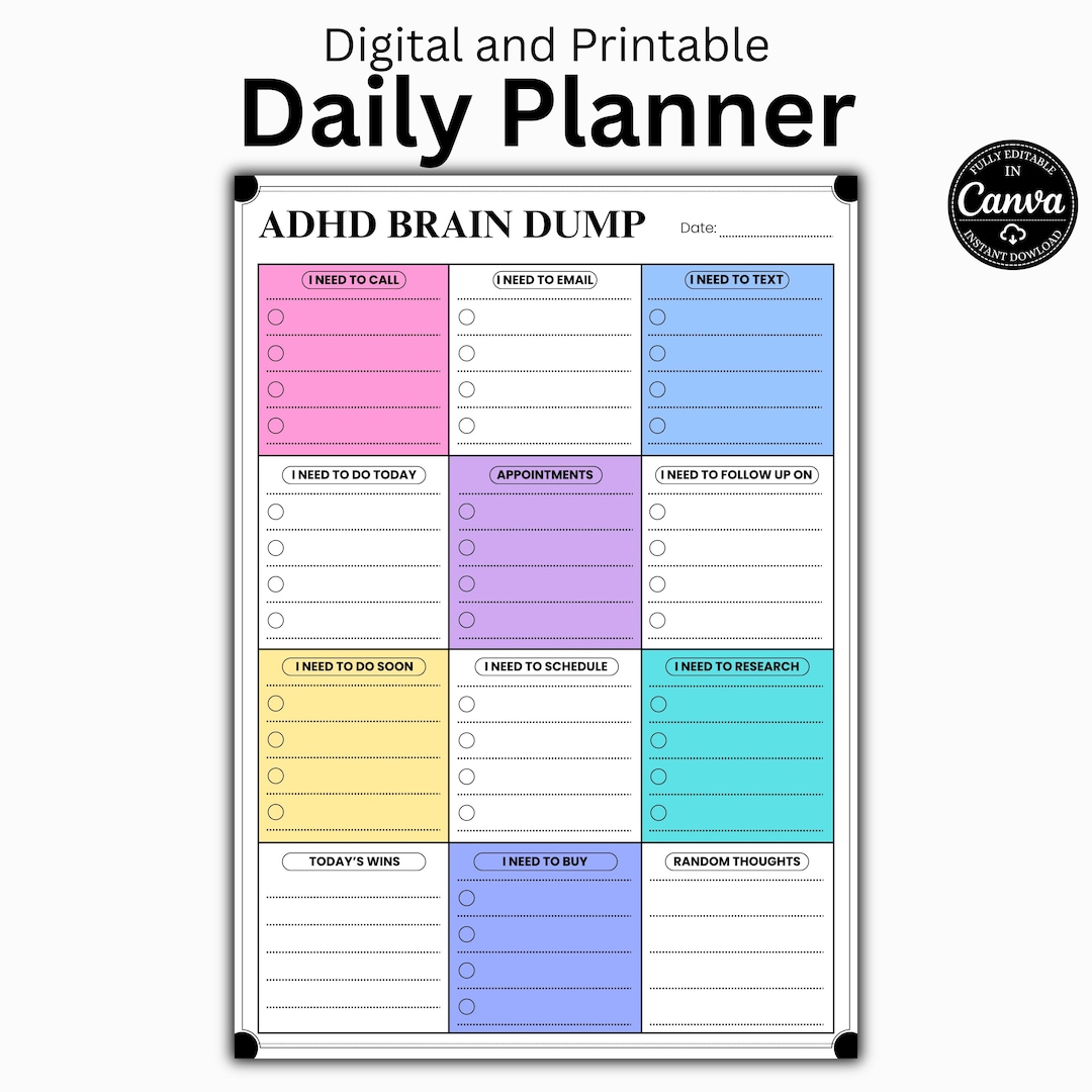 Editable ADHD Brain Dump Planner - Printable Daily Task Tracker & to Do ...