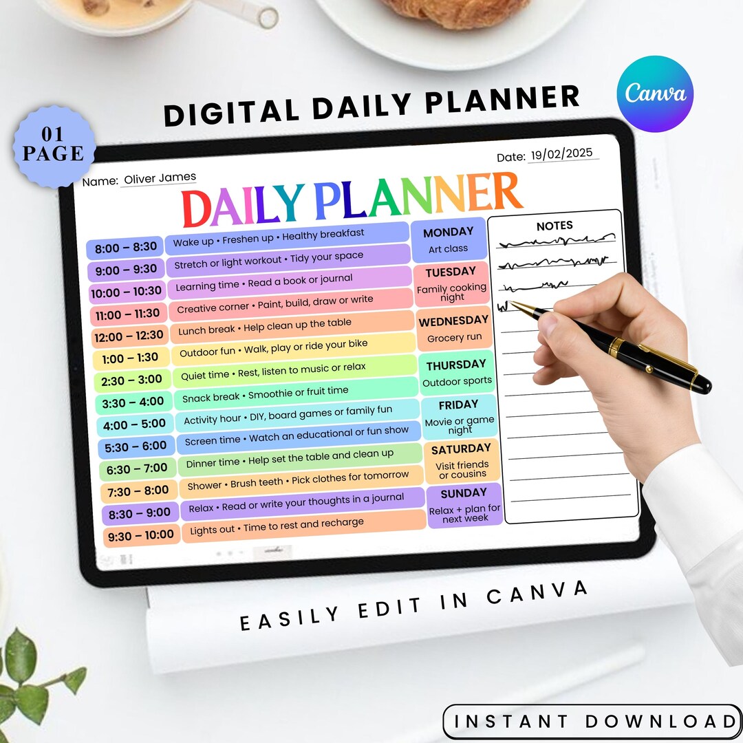 Colorful Undated Daily Planner Printable Digital Workday Schedule ...