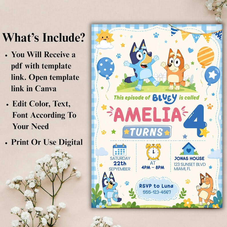 Editable Blue Birthday Invitation Template, Cute Blue Dog Party Invite ...