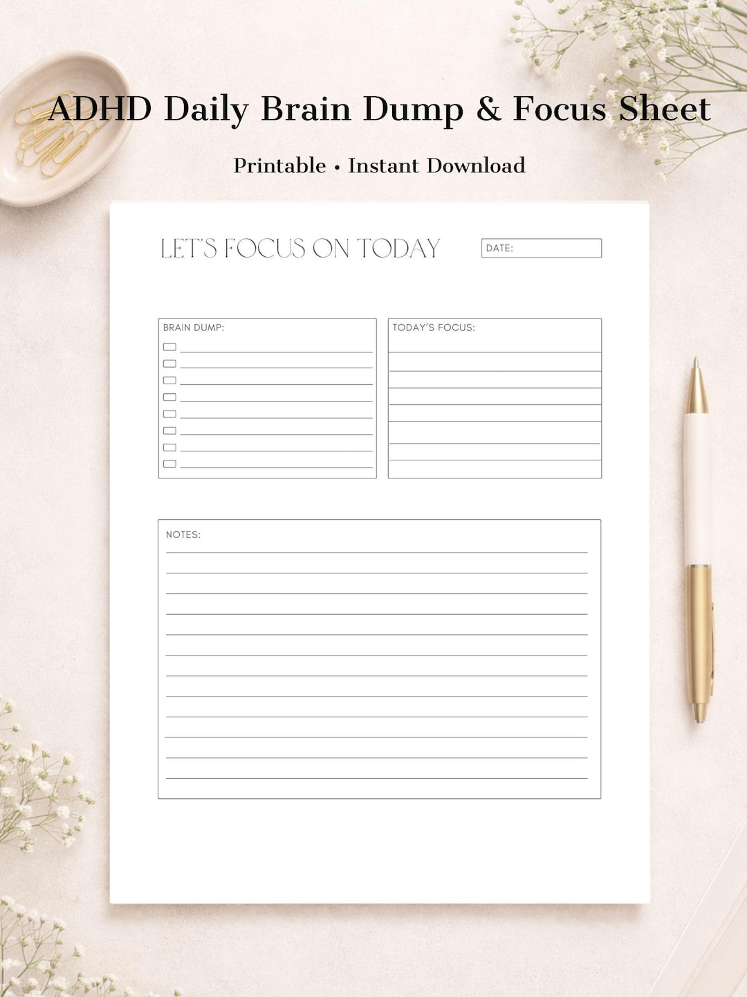 ADHD Daily Planner Printable – Brain Dump & Focus Sheet – Minimal To-do ...