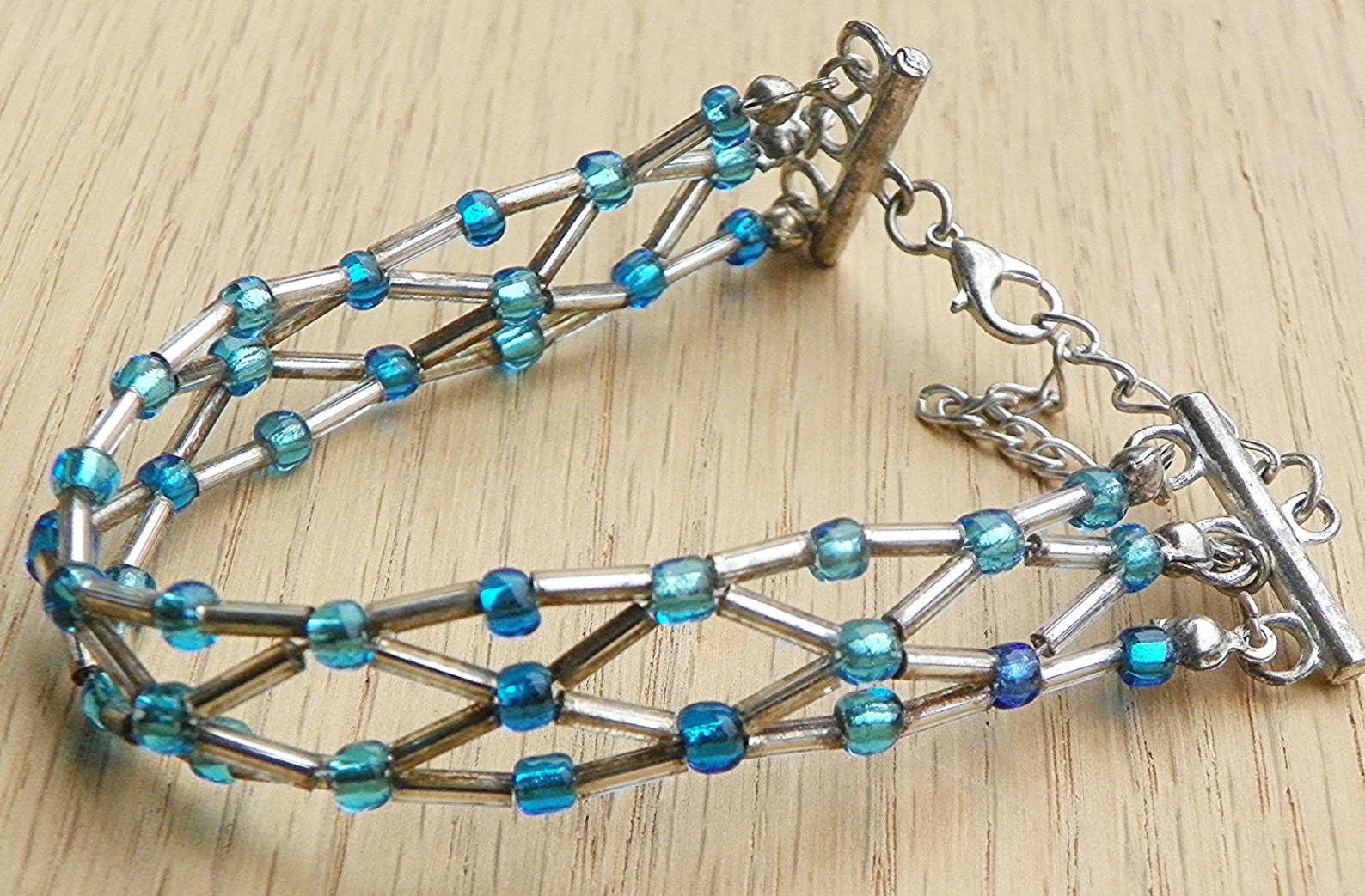Beaded Bracelet Adjustable Bracelet Woven Bracelet Silver Bracelet Aqua ...