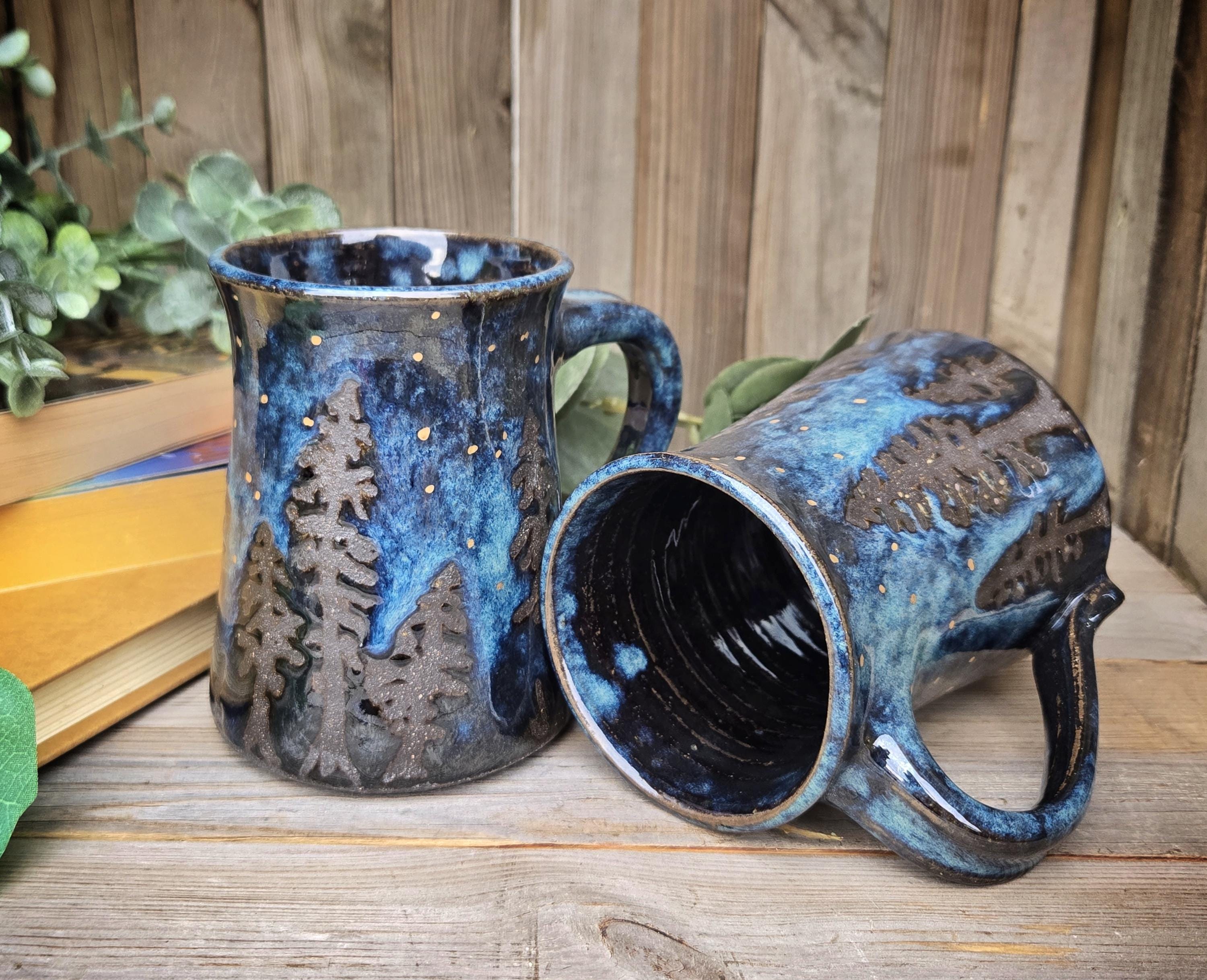 Handmade Pottery Mug / Northern Lights / Nature / Pine Trees / Stars ...