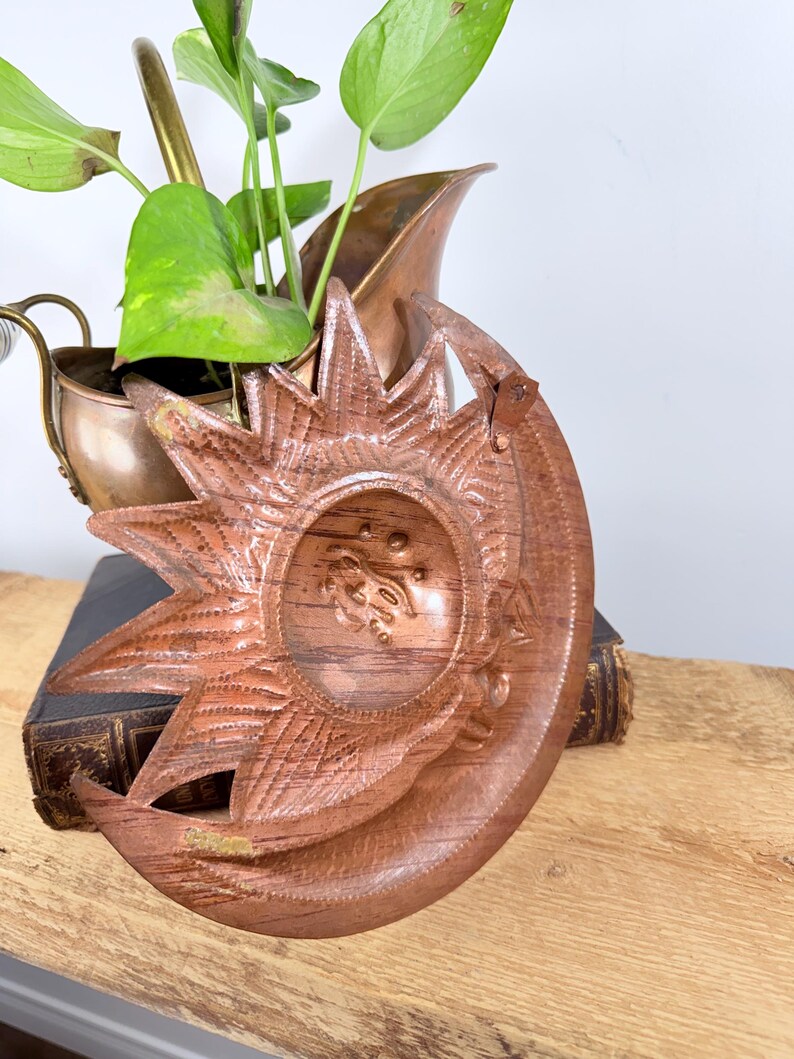 Vintage Celestial Sun and Moon Wall Hanging - Embossed Copper Metal Art ...