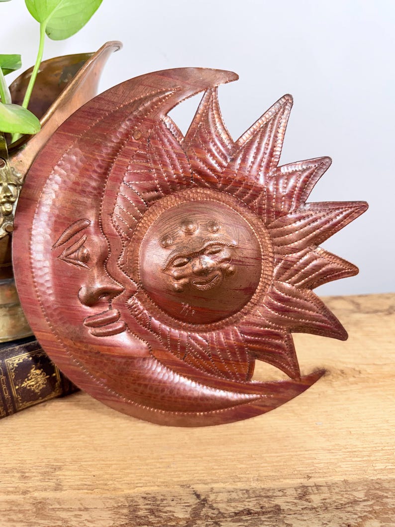 Vintage Celestial Sun and Moon Wall Hanging - Embossed Copper Metal Art ...
