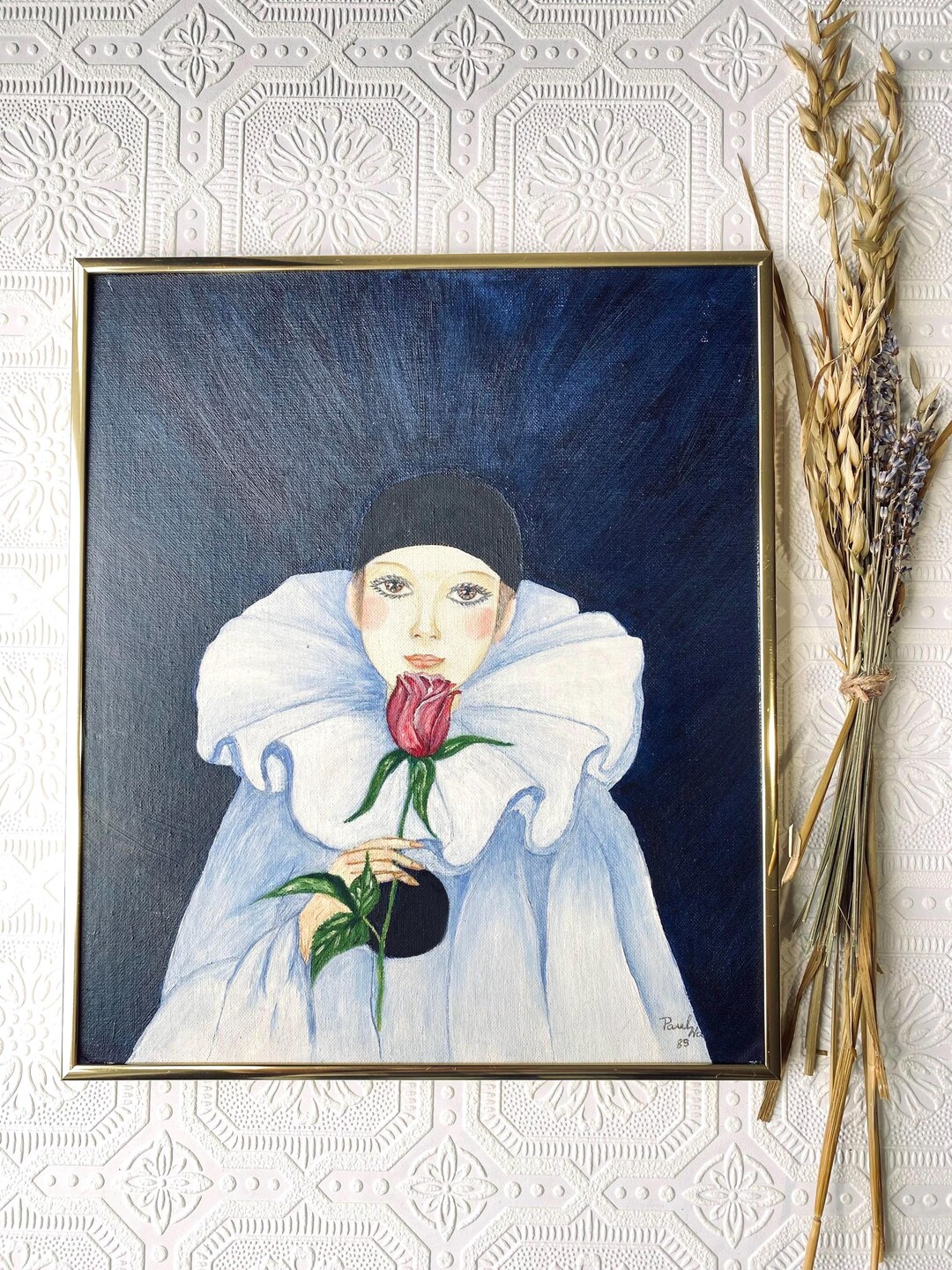 Vintage 1980s Original Pierrot Clown Painting | Signed Sad Clown With ...