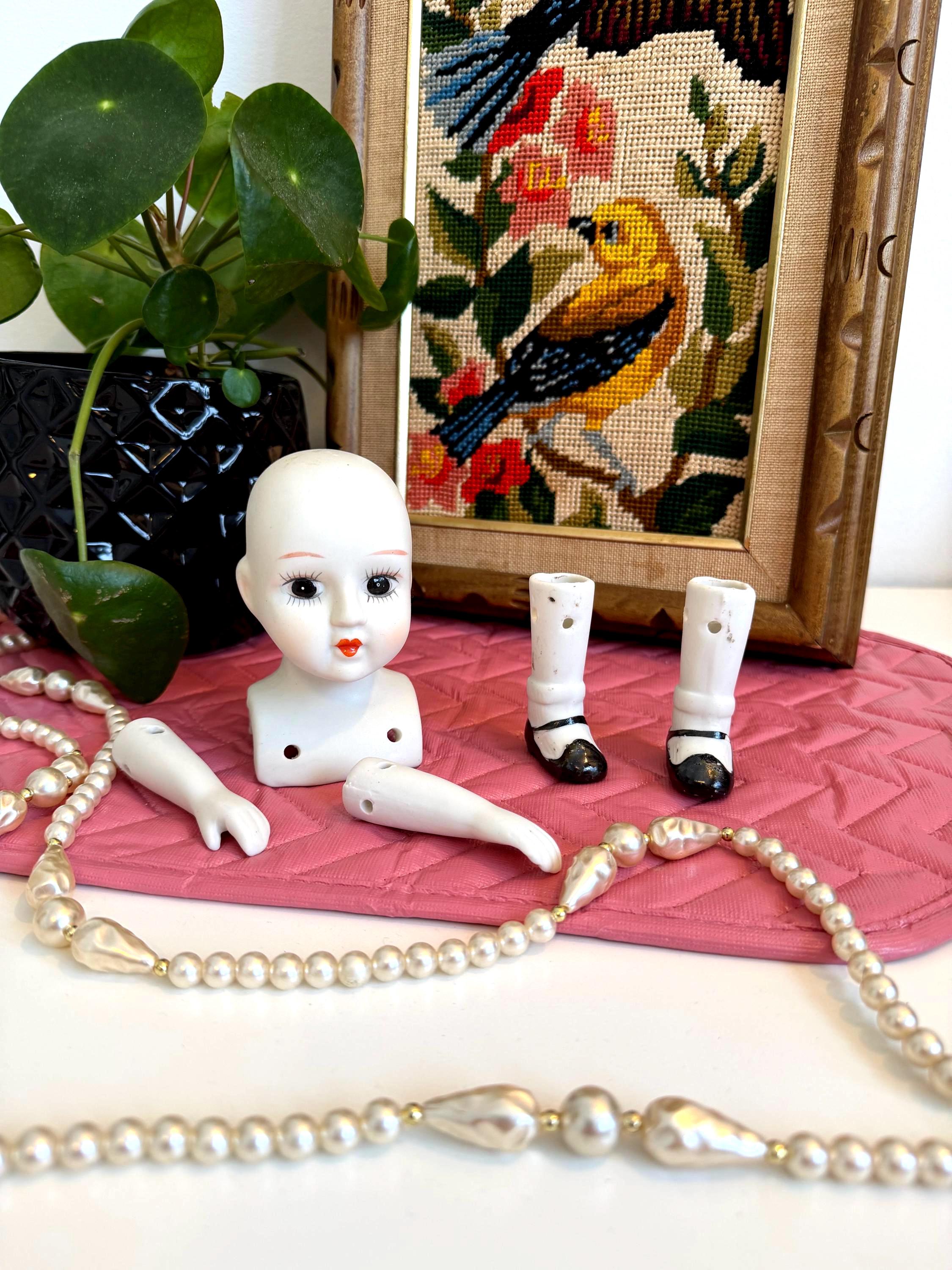 Vintage Bisque Porcelain Doll Parts | Hand Painted Doll Head and Limbs ...