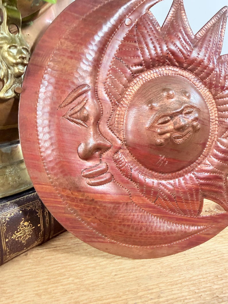 Vintage Celestial Sun and Moon Wall Hanging - Embossed Copper Metal Art ...