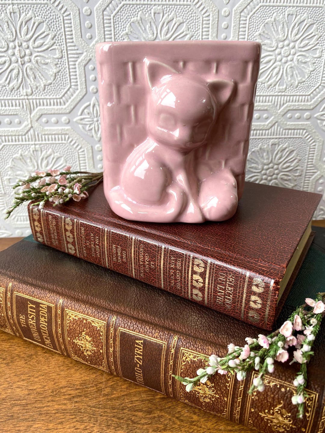 Vintage Niloak Pink Kitten With Yarn Basket Planter | Rare Pastel Pink ...