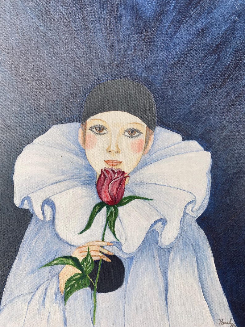 Vintage Original Pierrot Painting - Signed 1980s Wall Art - Clown With ...