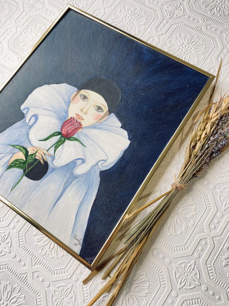 Vintage 1980s Original Pierrot Clown Painting | Signed Sad Clown With ...