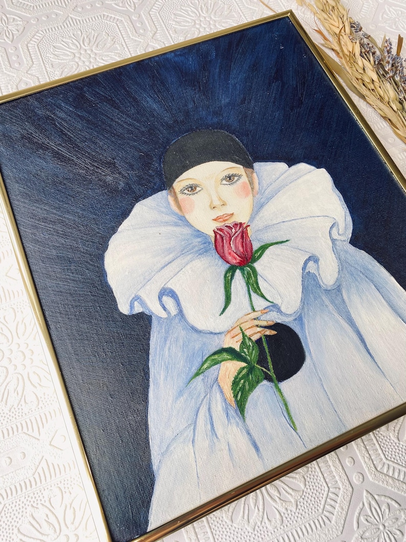 Vintage 1980s Original Pierrot Clown Painting | Signed Sad Clown With ...