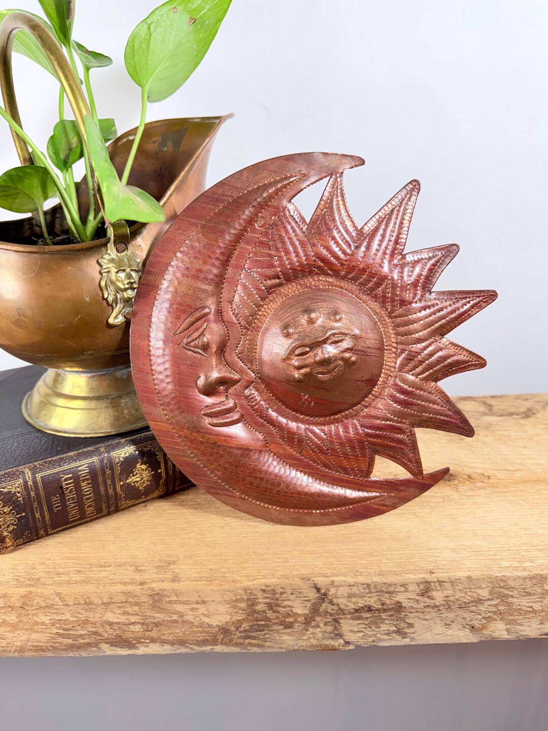 Vintage Celestial Sun and Moon Wall Hanging - Embossed Copper Metal Art ...