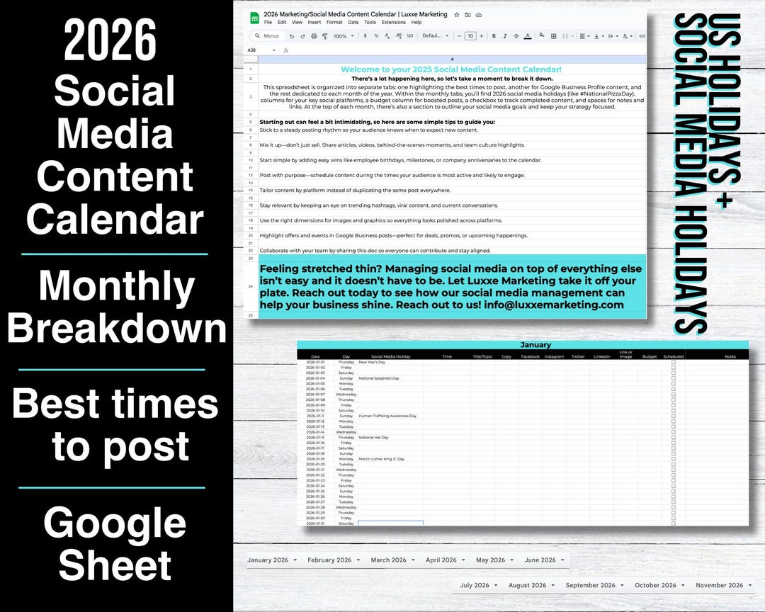 2026 Social Media Content Calendar | Monthly Planner With Holidays ...