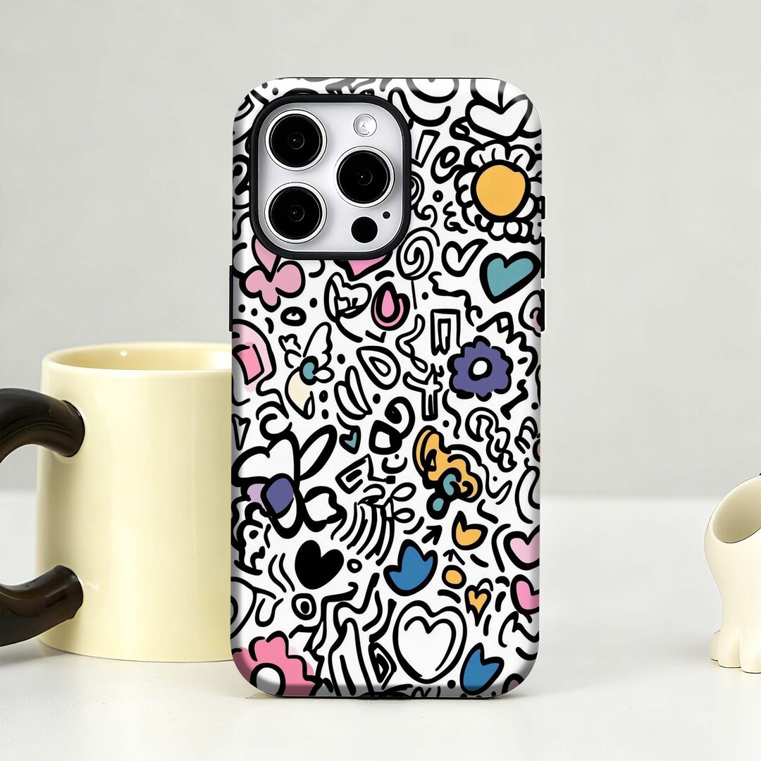 Dopamine Doodle Pattern Phone Case, Playful Black White Line Art, for ...