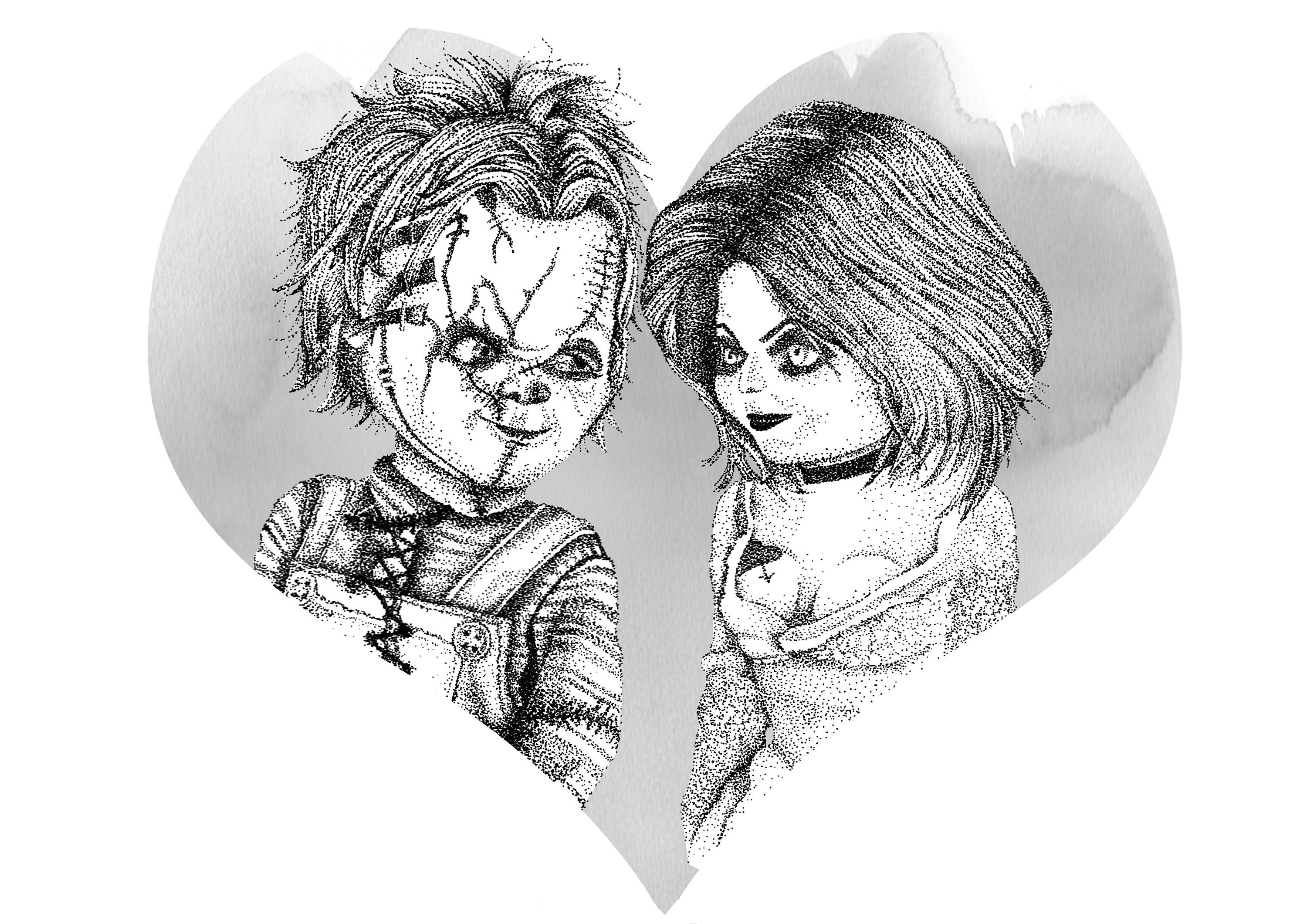 Hand Drawn Bride of Chucky Blank Card Chucky and Tiffany Valentine's ...