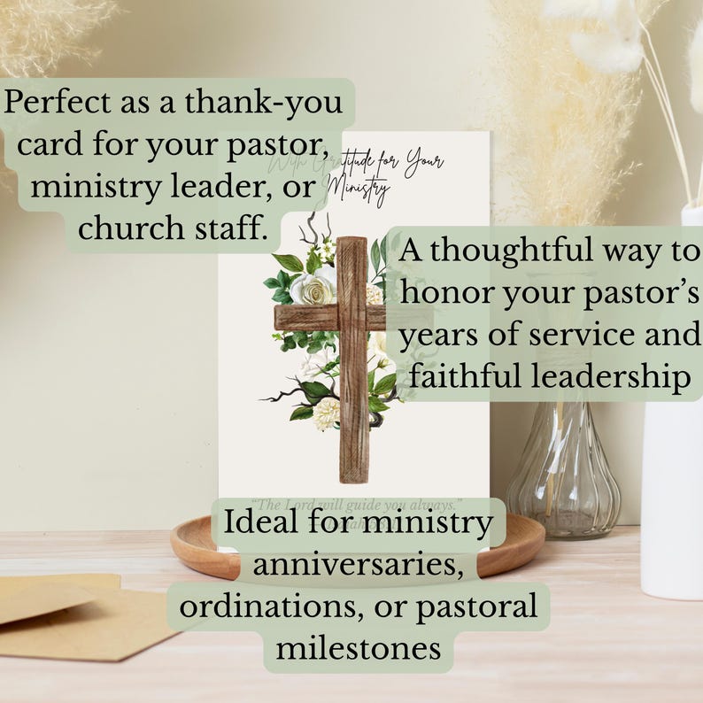Pastor Appreciation Card, Christian Thank You, Floral Cross Greeting ...
