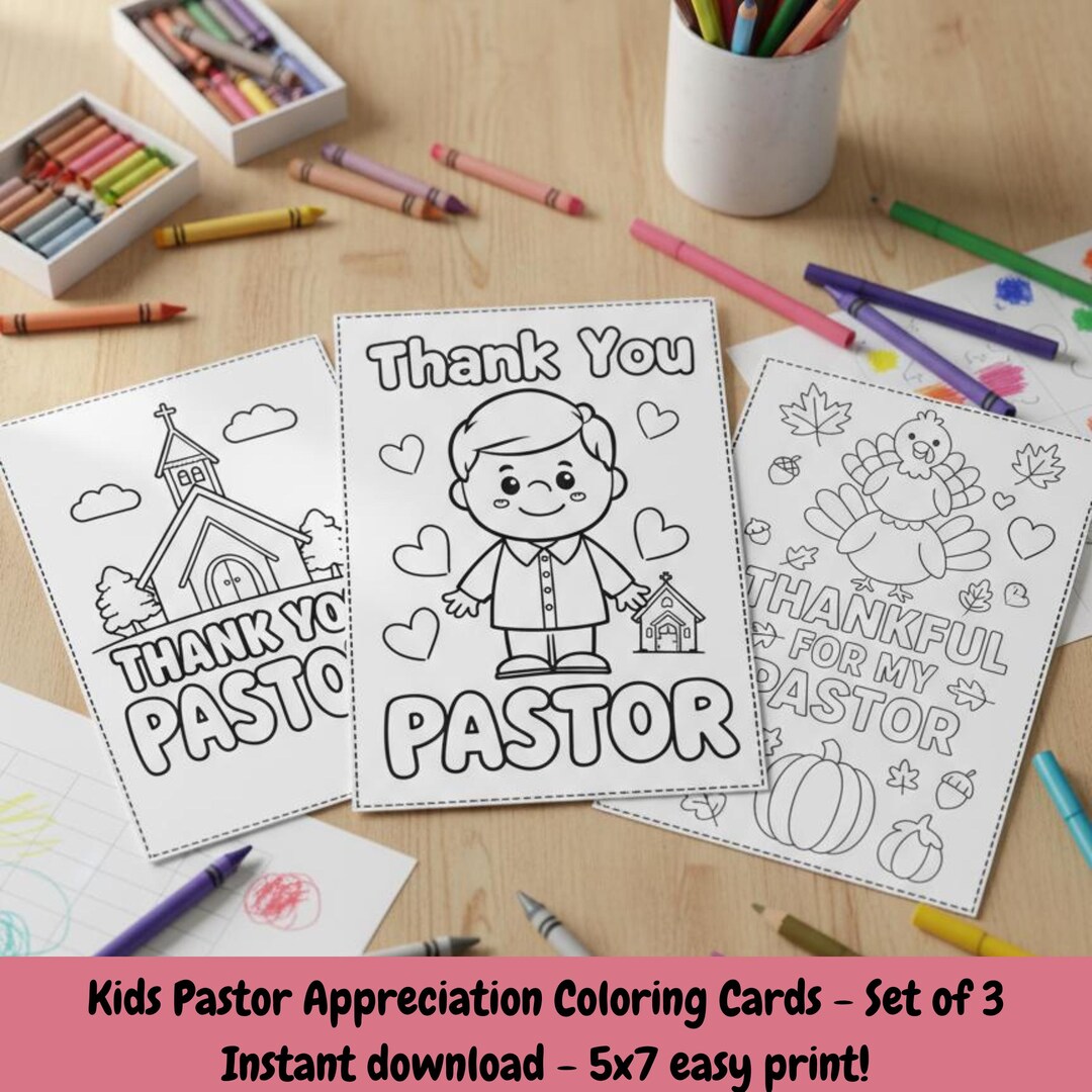 Pastor Appreciation Coloring Cards - Set of 3, Kids Thank You Cards ...