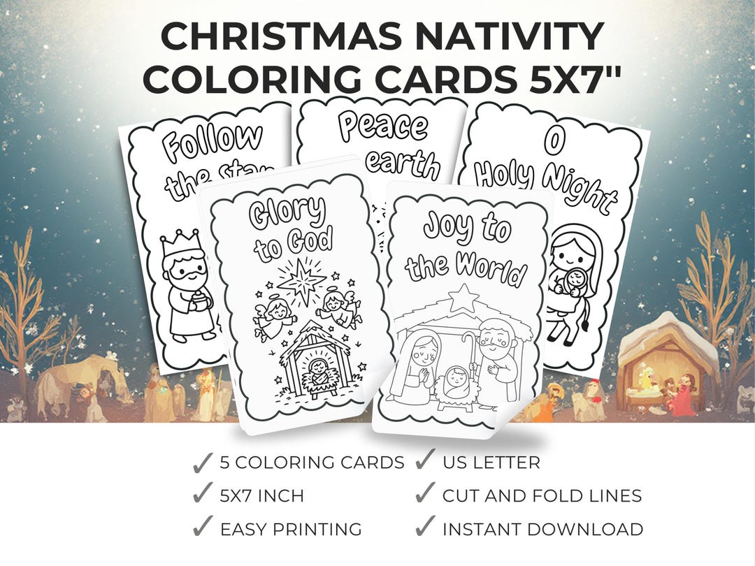 Nativity Christmas Coloring Cards Set, Printable Holiday Craft (digital ...
