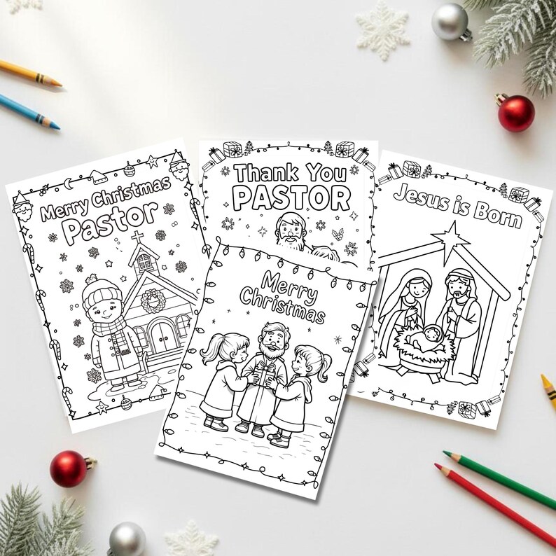 Pastor Christmas Coloring Cards for Kids, Printable Thank You Cards ...