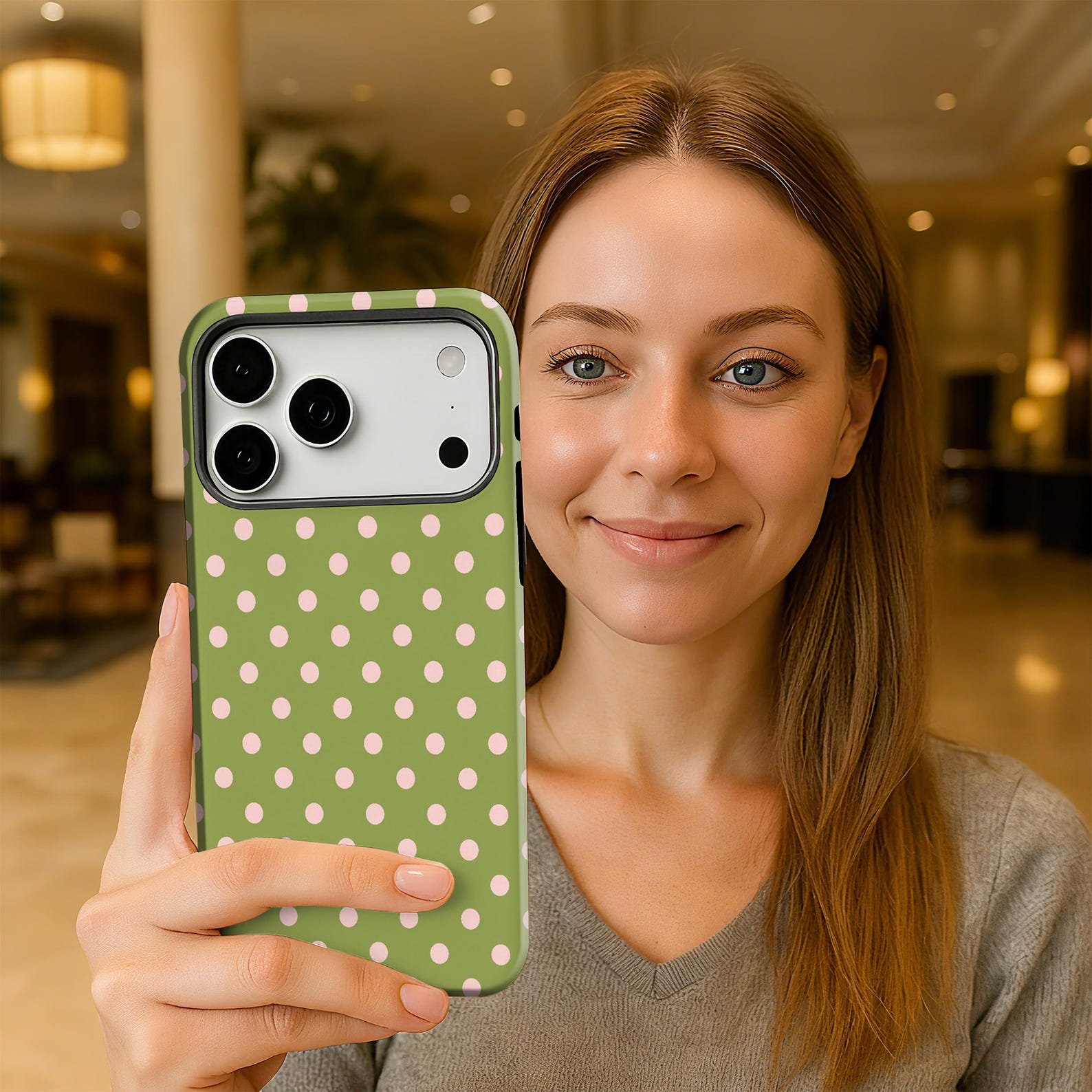 Olive Green With Pink Polka Dots Phone Case,retro Sweet,simple and Cute ...