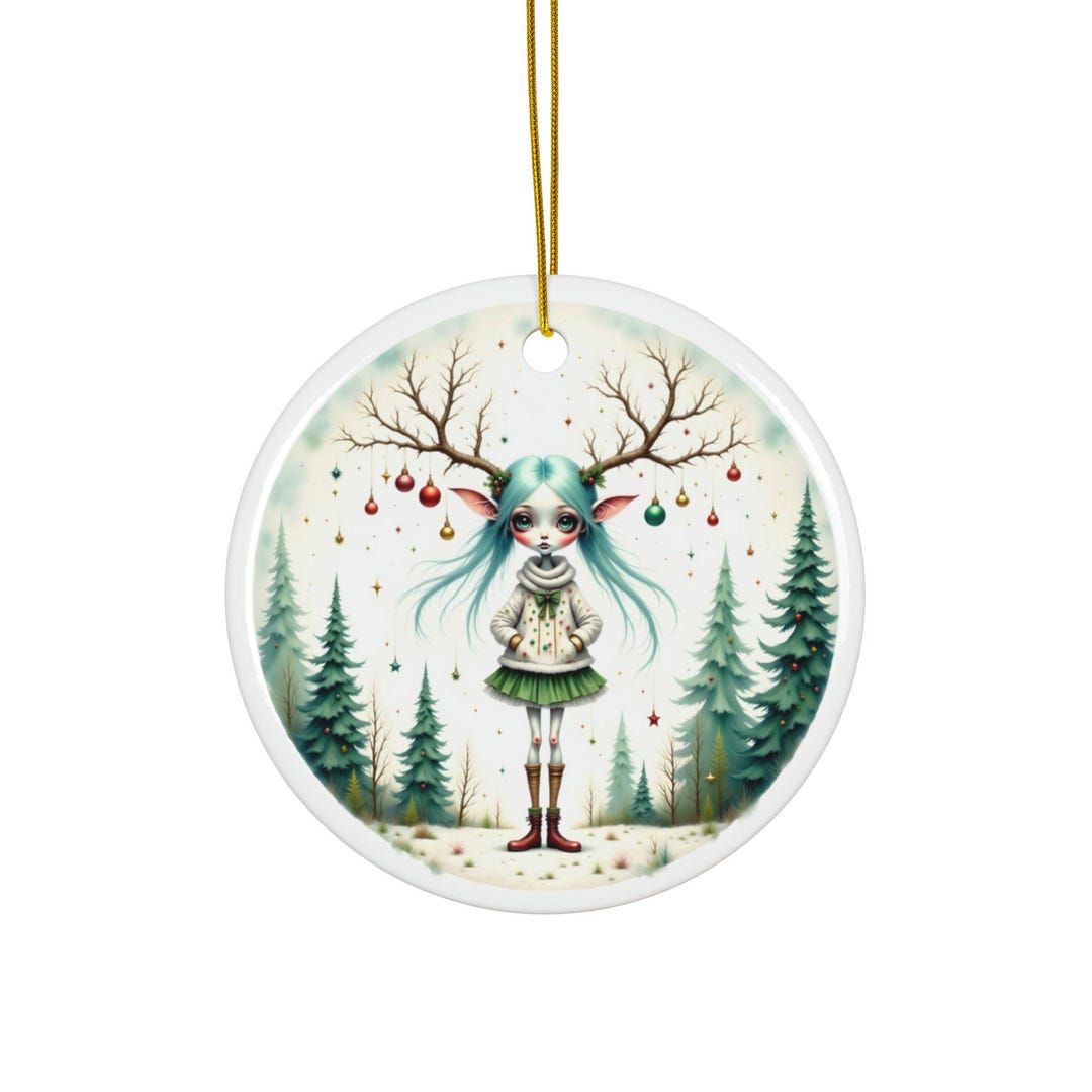 Whimsical Alien Reindeer Ceramic Ornament | Blue Hair, Double-sided - Etsy