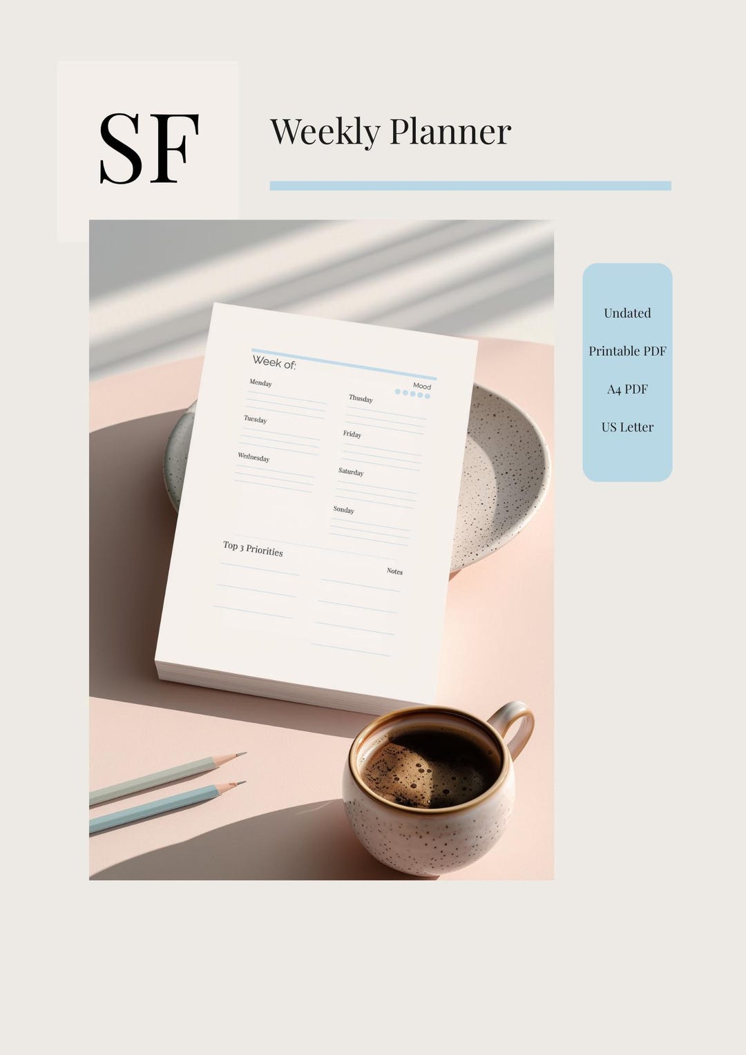 Undated Weekly Planner A4,A5, US Letter & Half Letter Minimalist Weekly ...