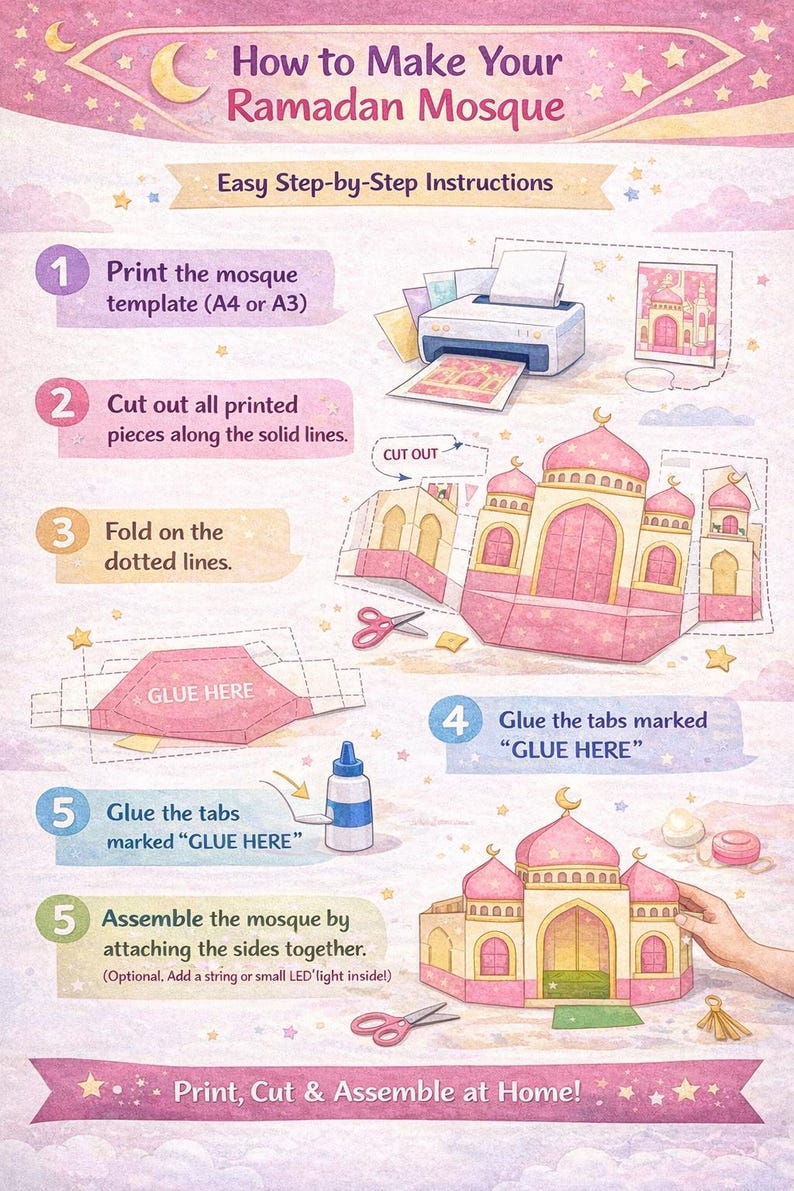 Ramadan Mosque Craft Printable for Kids – Green & Pink – Islamic DIY ...