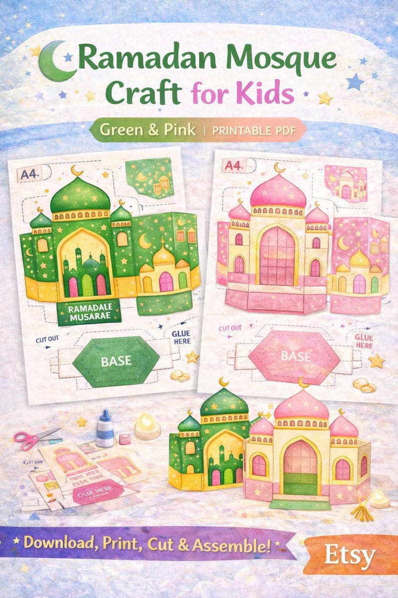 Ramadan Mosque Craft Printable for Kids – Green & Pink – Islamic DIY ...