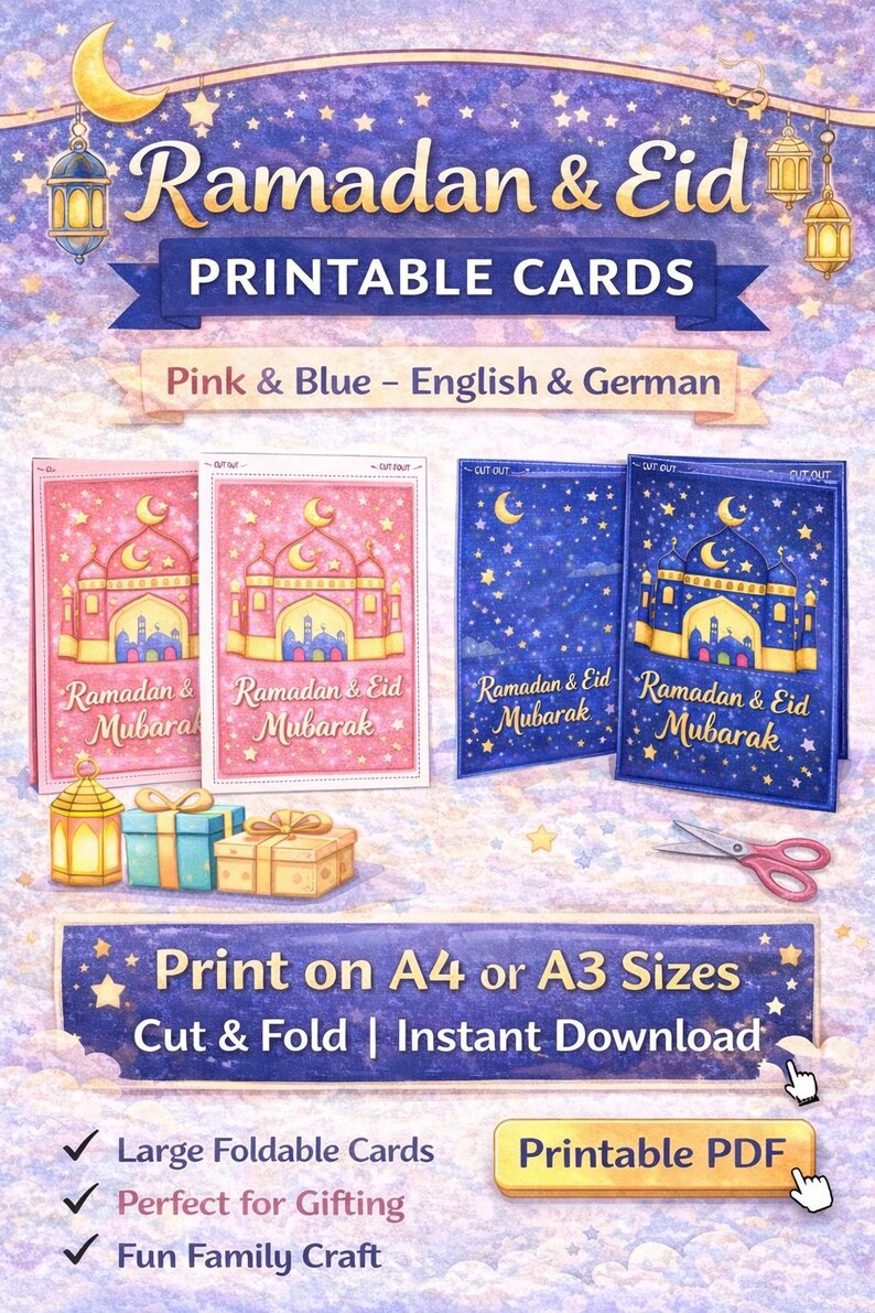 Ramadan & Eid Cards Printable – Islamic Greeting Cards – Pink A. Blue ...