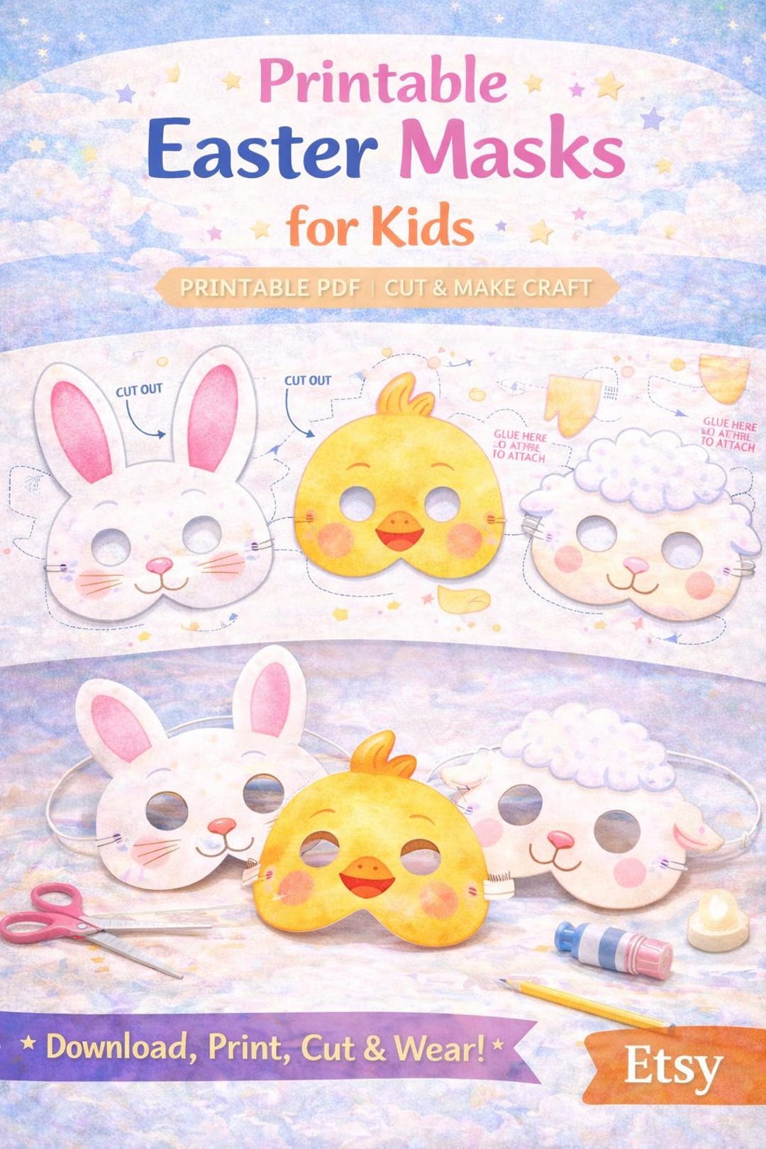 Easter Masks Printable for Kids – Bunny Chick Lamb – Cut & Glue Craft ...