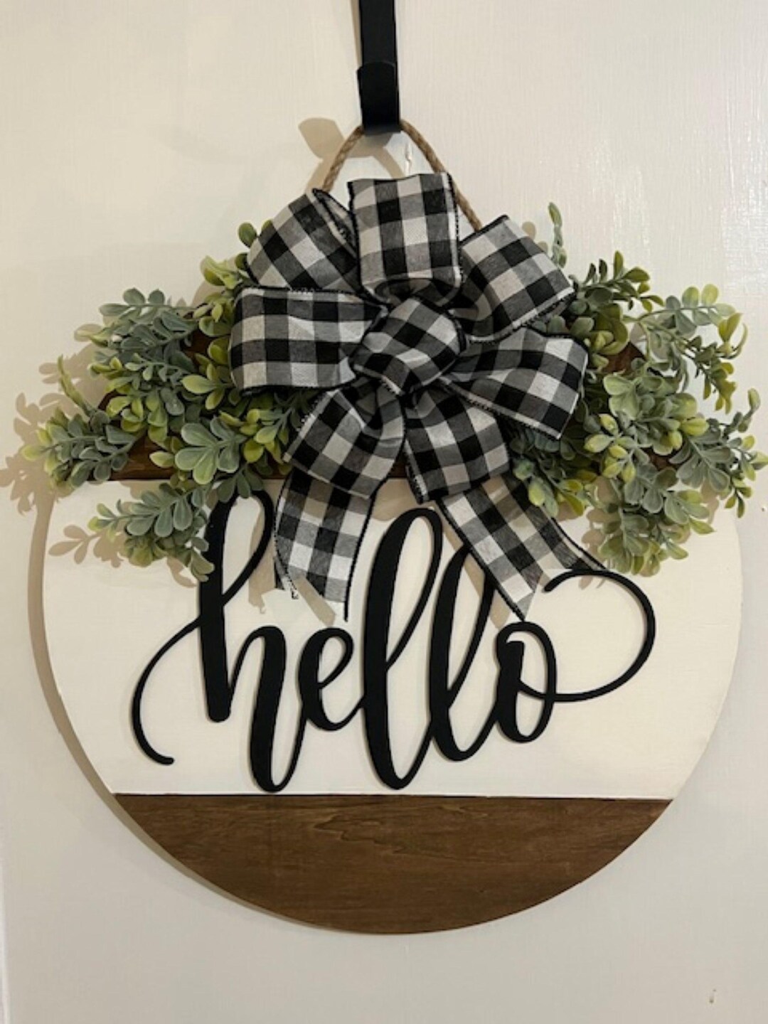 Hello Door Hanger | White & Stained Wood Welcome Sign | Black Lettering ...