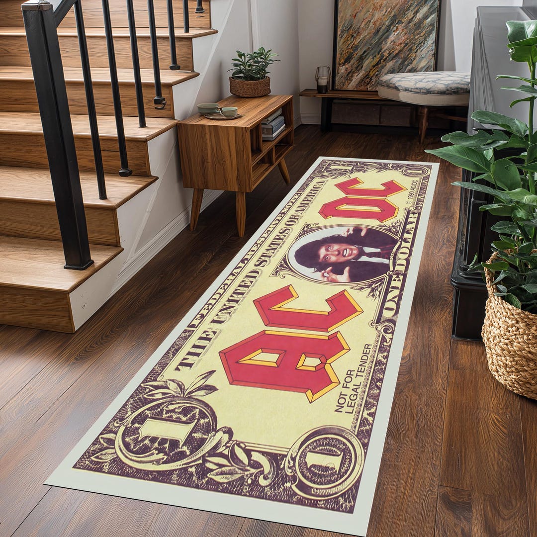 ACDC Runner Rug: Rock Dollar Bill Design, Classic Band Art Print, Retro ...